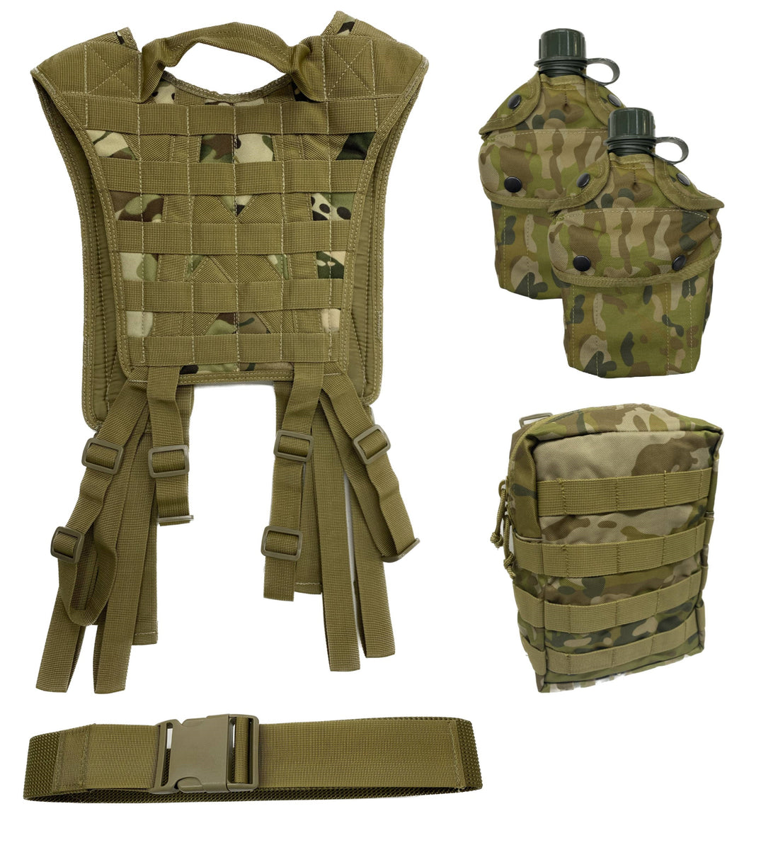 Cadet MOLLE Webbing Set - 1 x 8 Point Harness/ 2 x Bottles + Pouch/ Be ...