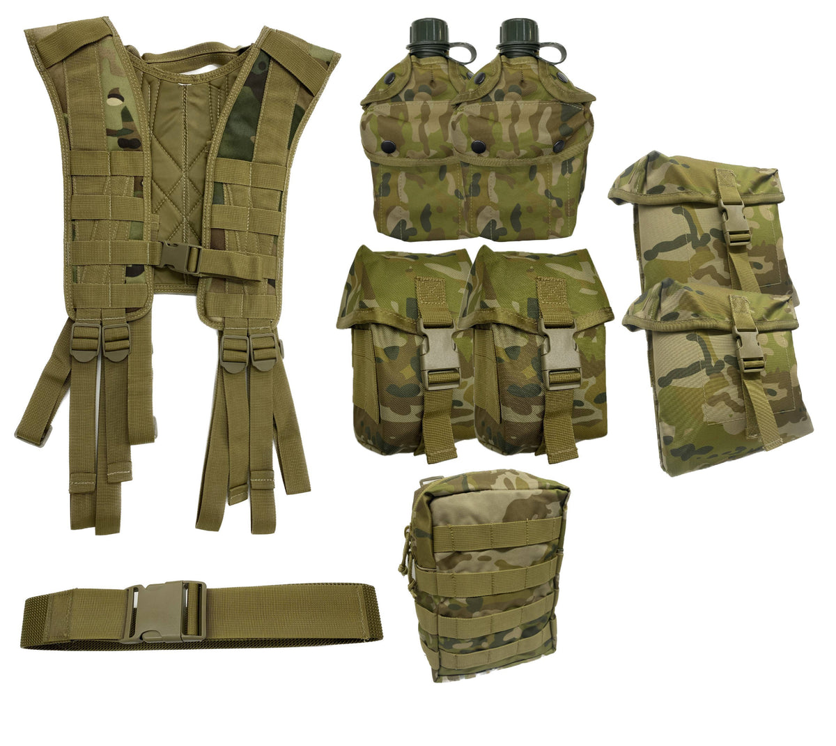Cadet MOLLE Webbing Set - 1 x 8 Point Harness/ 2 x Bottles + Pouch/ Be ...