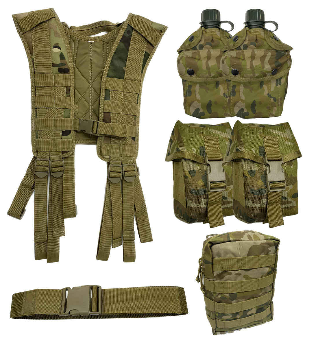 Cadet MOLLE Webbing Set - 1 x 8 Point Harness/ 2 x Bottles + Pouch/ Be ...